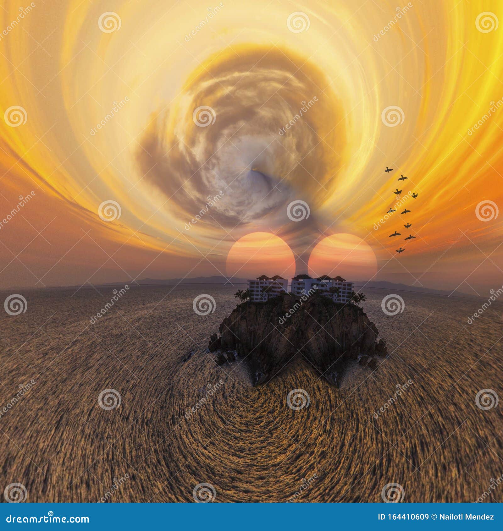 Miniature Planet at Sunset Two Suns and the Sea Rolling the Planet ...