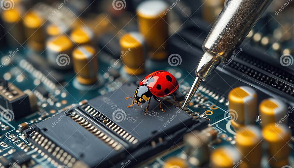 Miniature Red Ladybug on Black Computer Motherboard: Symbolic ...