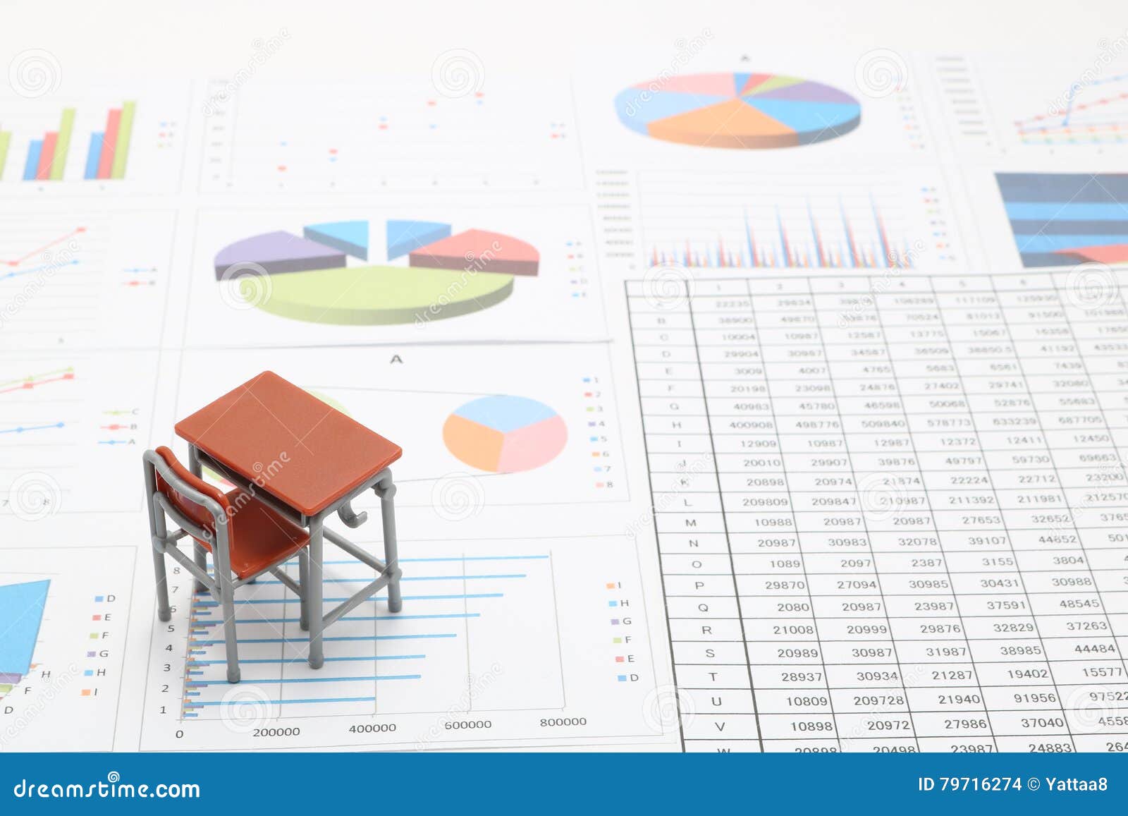 Miniature School Study Desk and Documents with Charts and Graphs. Stock ...