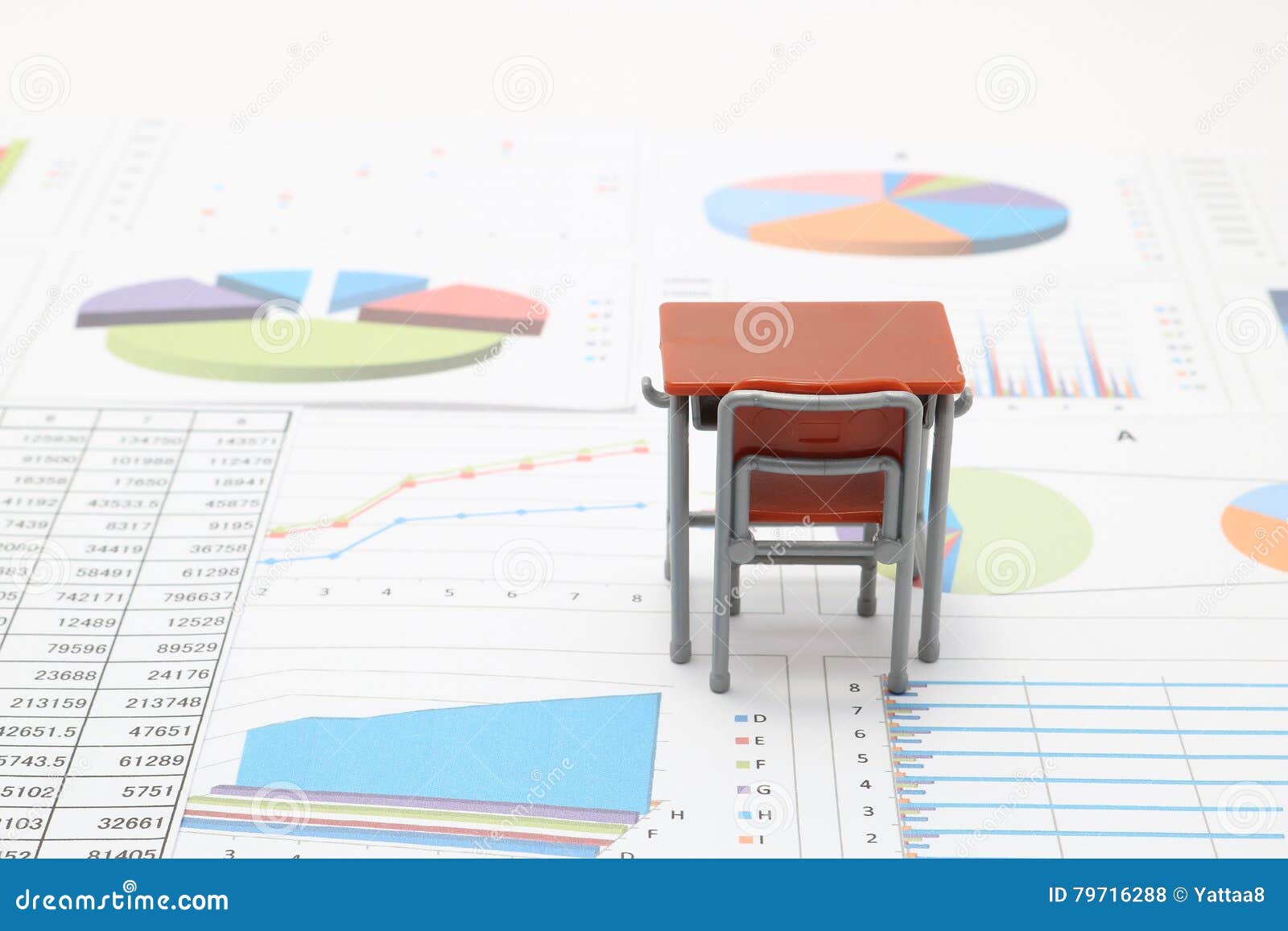 Miniature School Study Desk And Documents With Charts And Graphs. Stock ...
