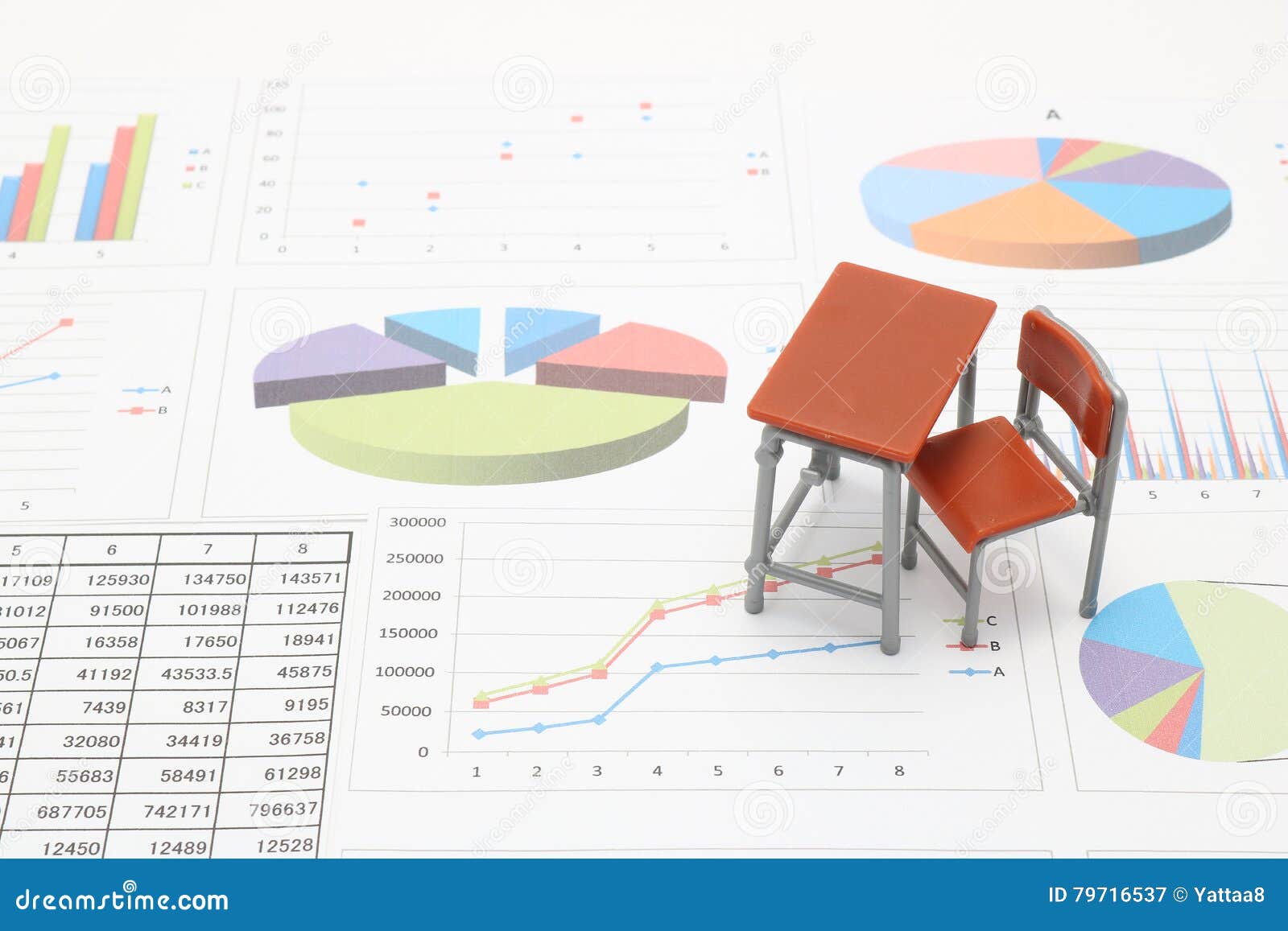 Miniature School Study Desk And Documents With Charts And Graphs. Stock ...