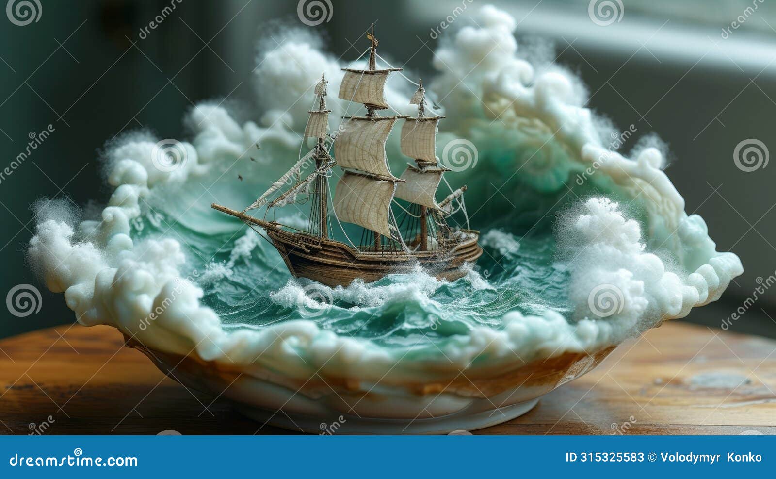 Miniature Ship Model in a Seashell with Cotton Wool Clouds Stock Image ...