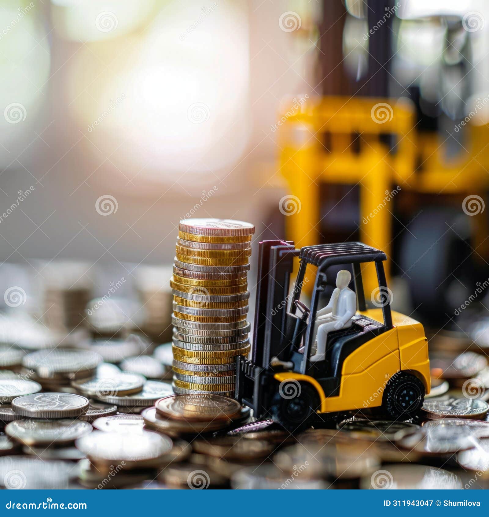 Miniature Skid Steer with Stack of Coins on Work Desk. Created by ...