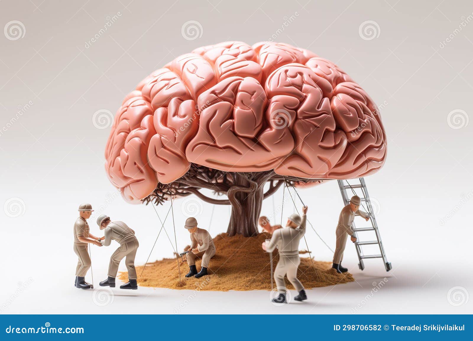 Miniature Team of Workers Working on Brain Model. Generative AI Stock ...