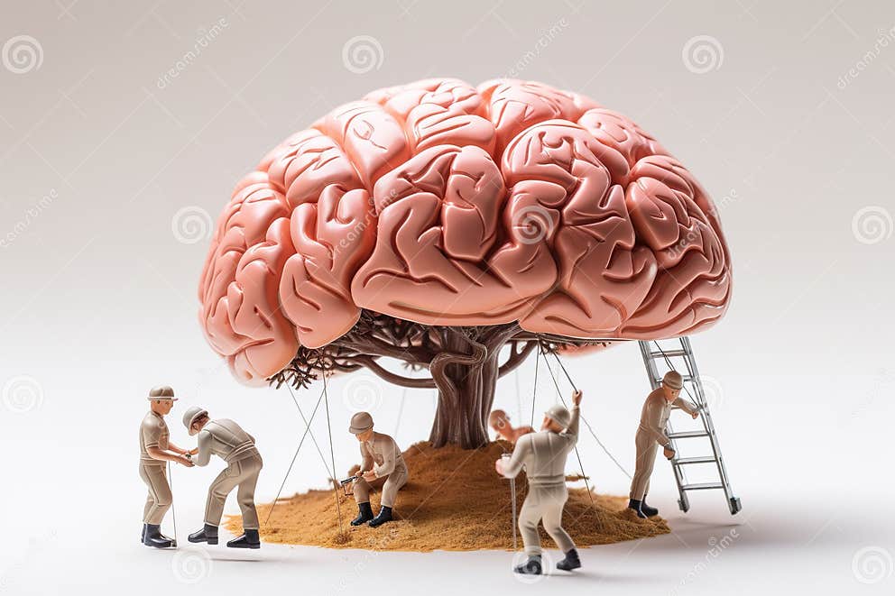 Miniature Team of Workers Working on Brain Model. Generative AI Stock ...
