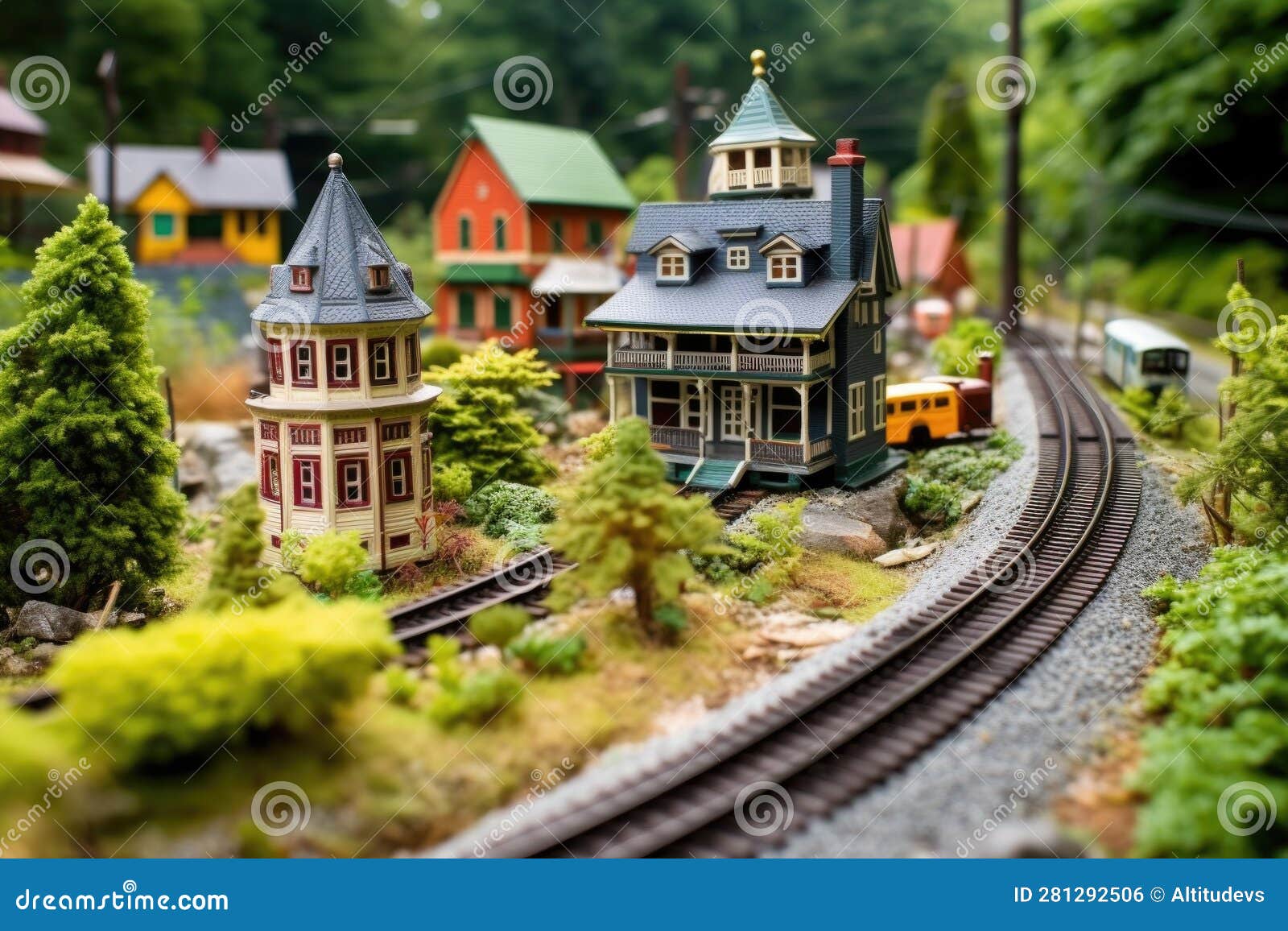 Miniature Train Station with Tracks and Tiny Trains Stock Illustration ...