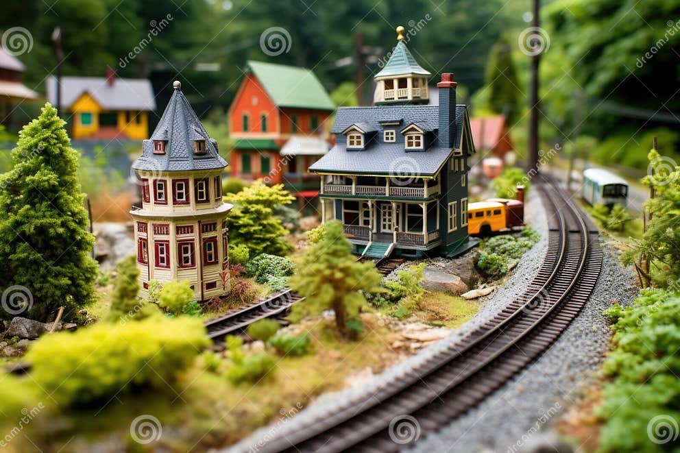 Miniature Train Station with Tracks and Tiny Trains Stock Illustration ...