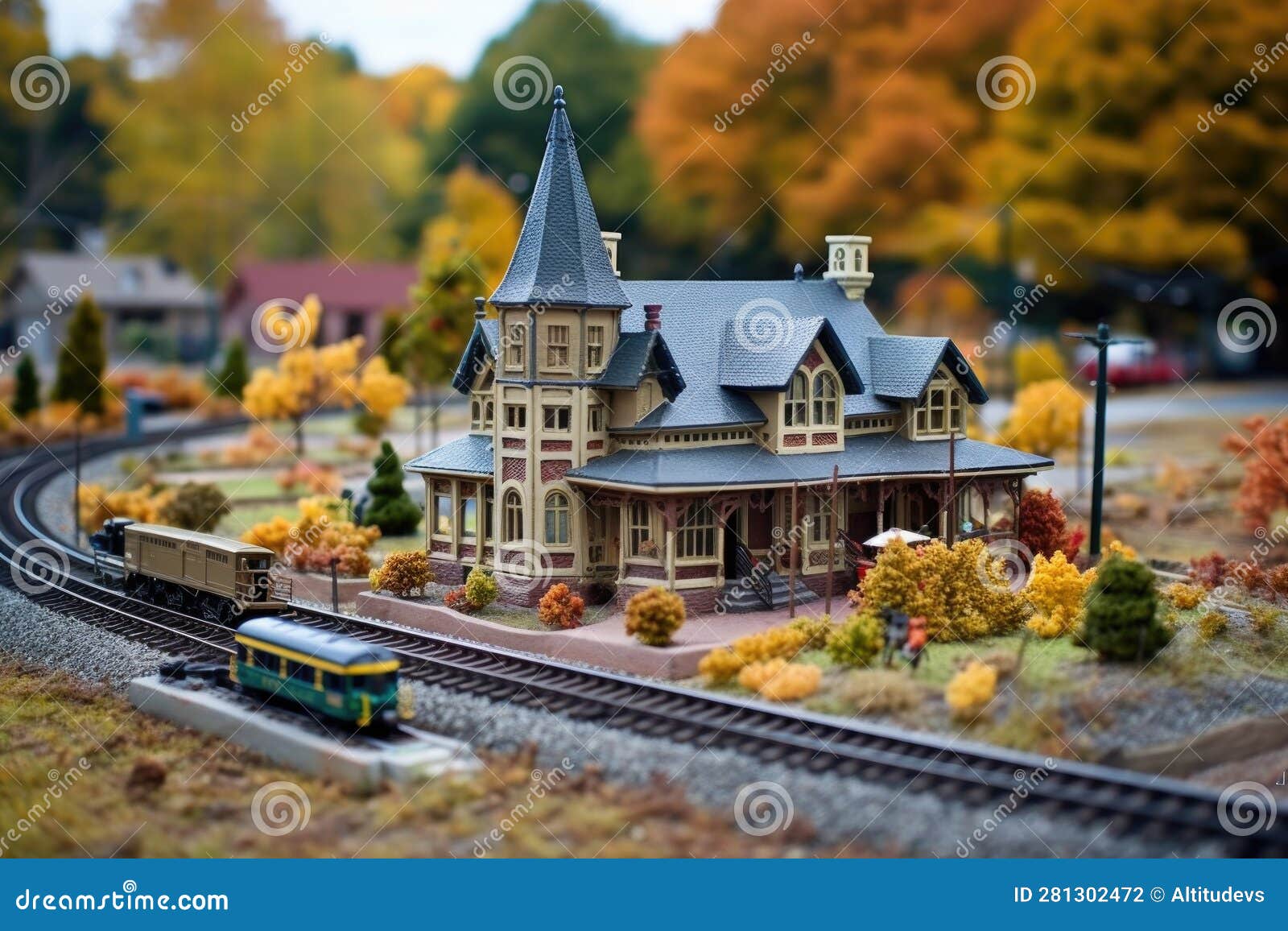 Miniature Train Station with Tracks and Tiny Trains Stock Illustration ...
