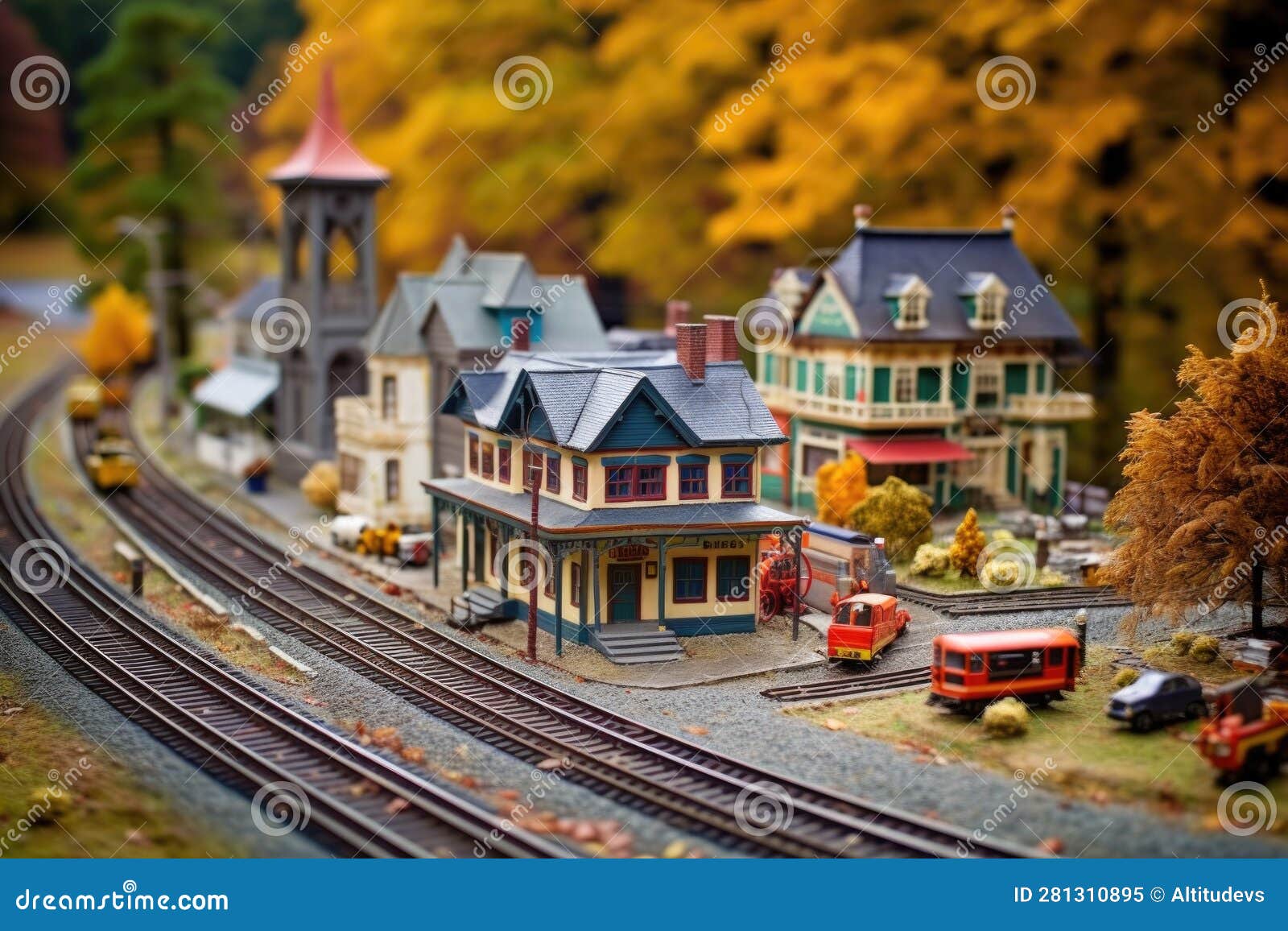 Miniature Train Station with Tracks and Tiny Trains Stock Illustration ...