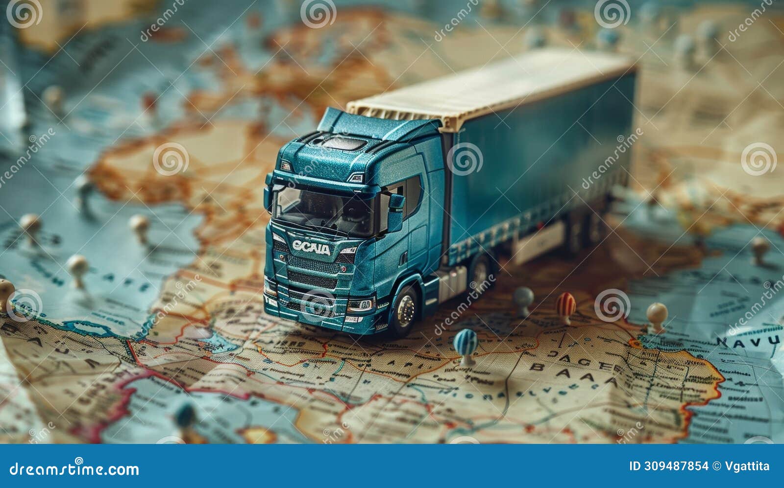 Miniature Truck on Map Planning Global Logistics Route Stock ...