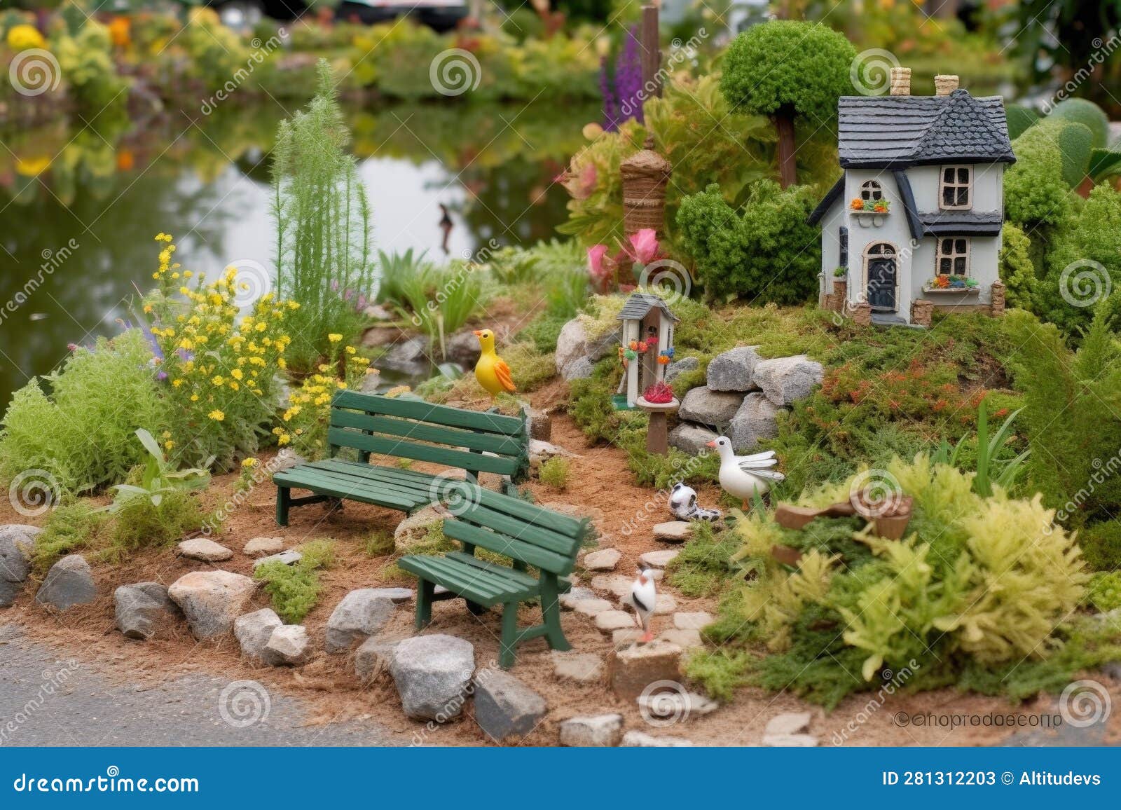 Miniature Village Park with Pond, Benches, and Ducks Stock Illustration ...