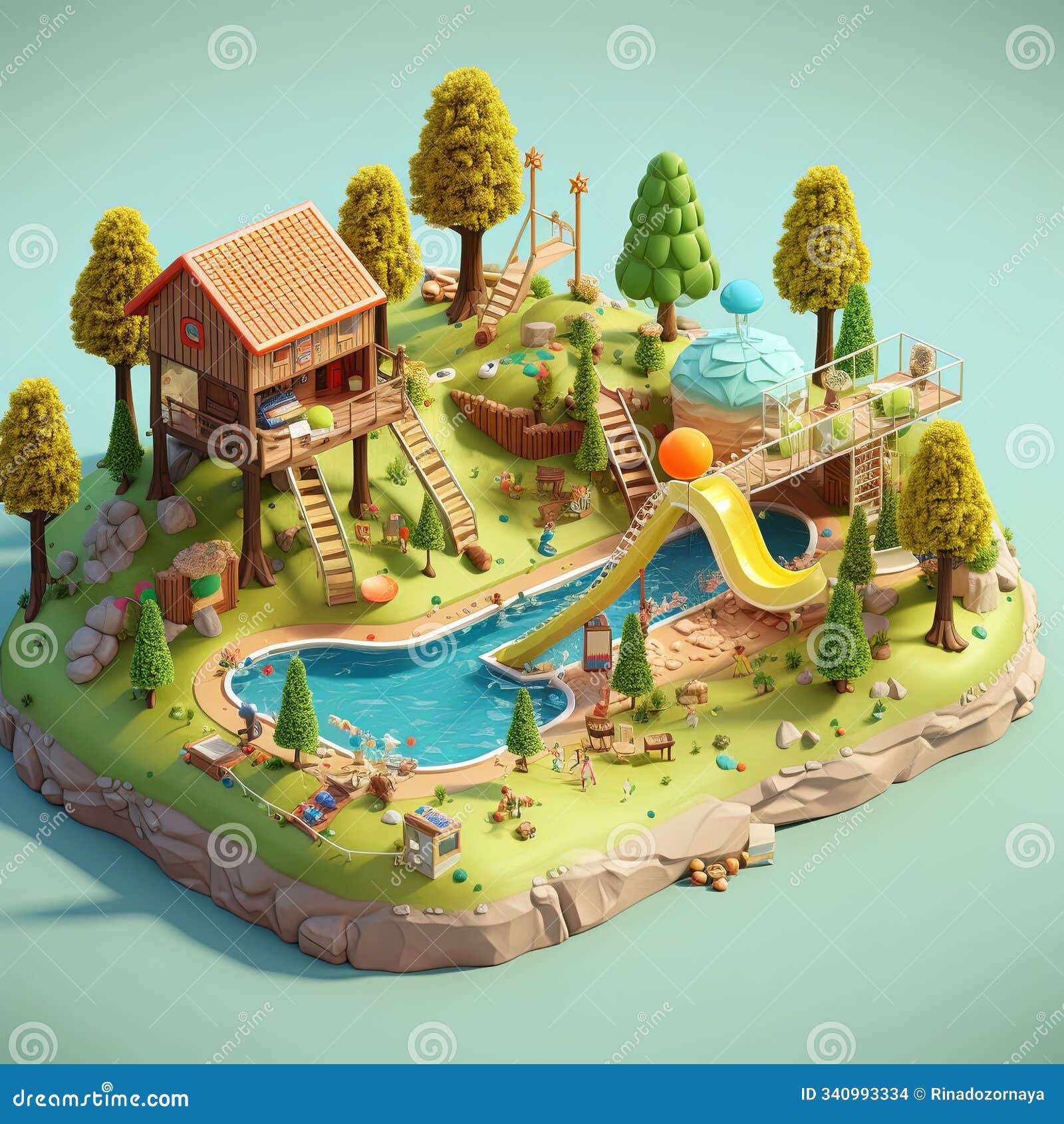 Miniature Waterpark with Treehouse and Slide Stock Photo - Image of ...