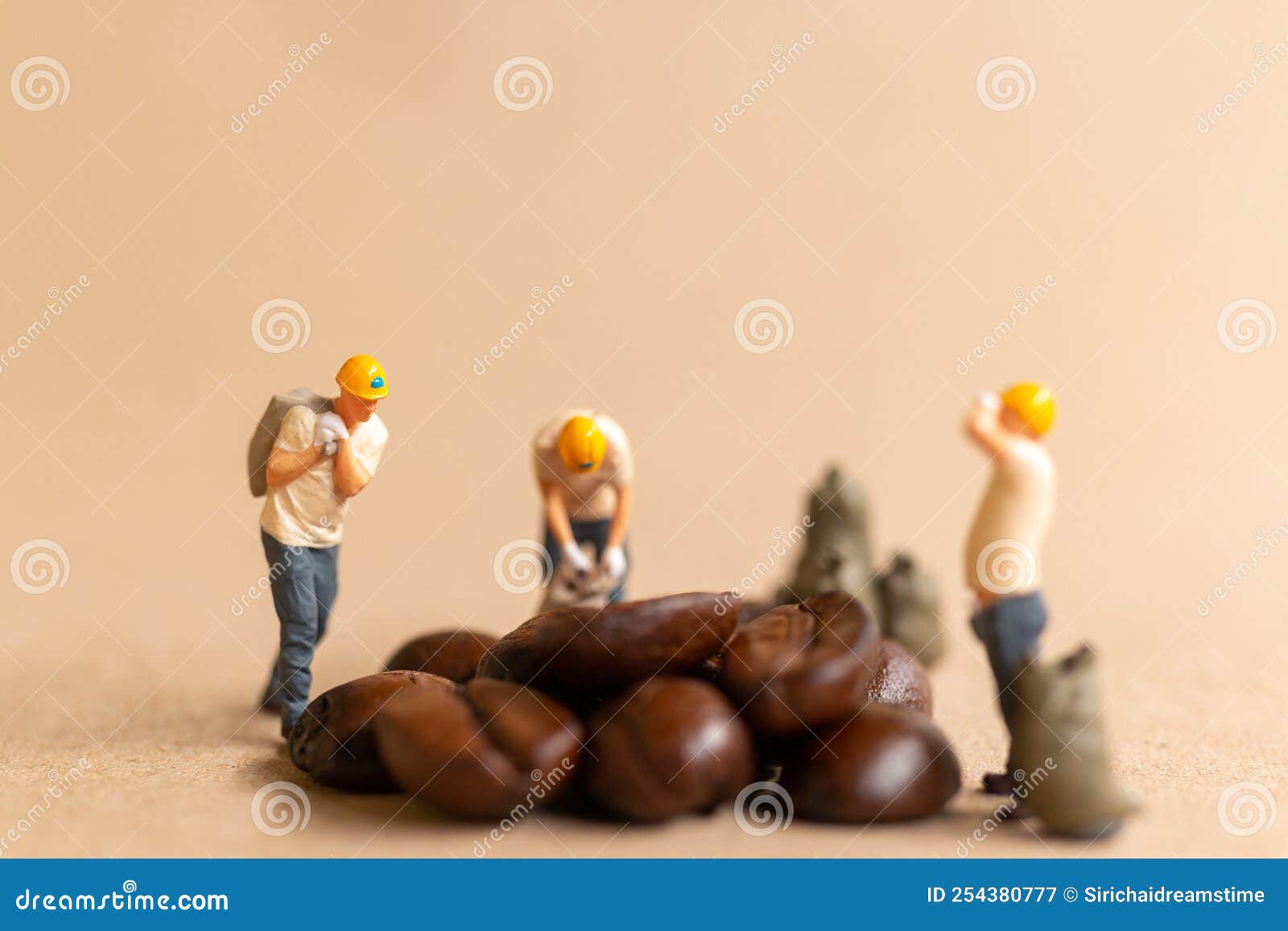 Miniature Worker Team Working with Coffee Beans Stock Image - Image of ...