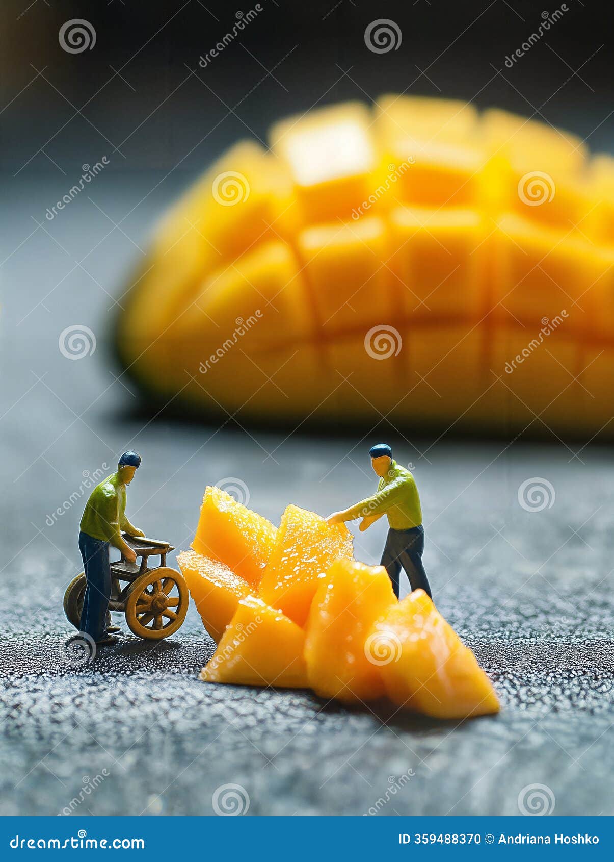 Miniature Workers Arranging Diced Mango Pieces Stock Photo - Image of ...