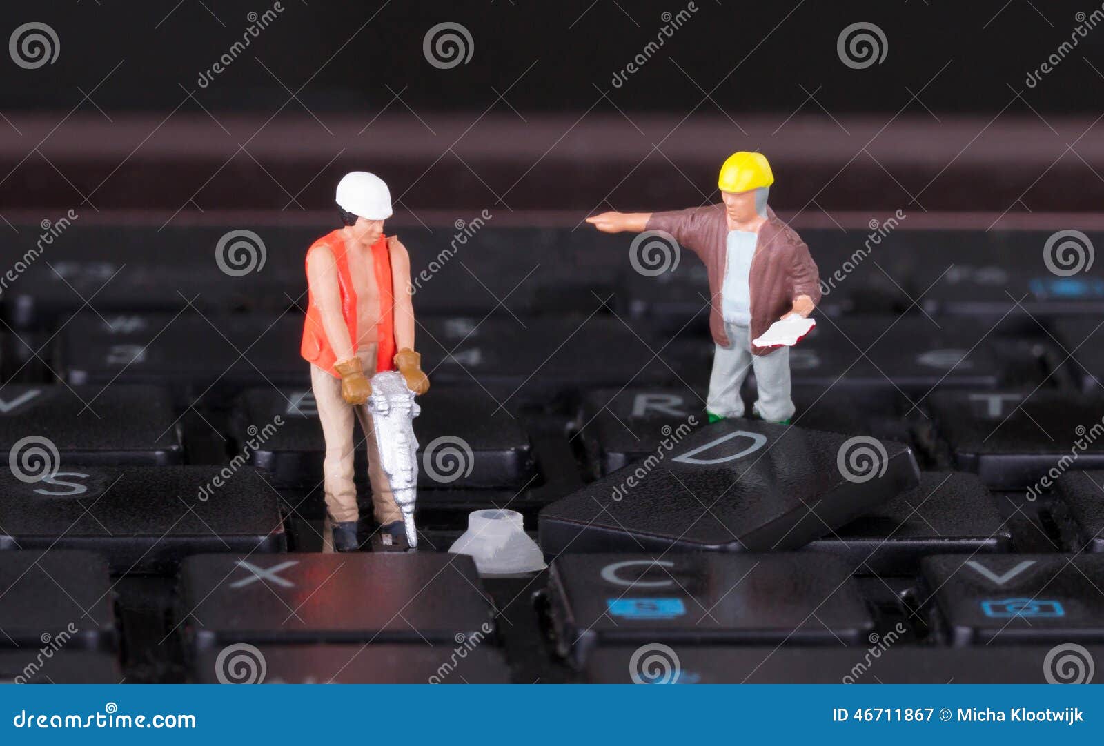Miniature Workers with Drill Working on Keyboard Stock Image - Image of ...