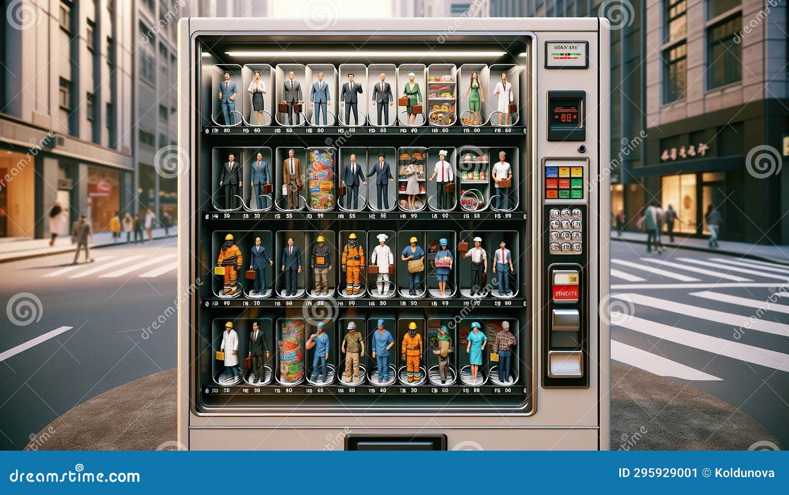 Miniature Workers for Hire in a Vending Machine, Showcasing Job Market ...