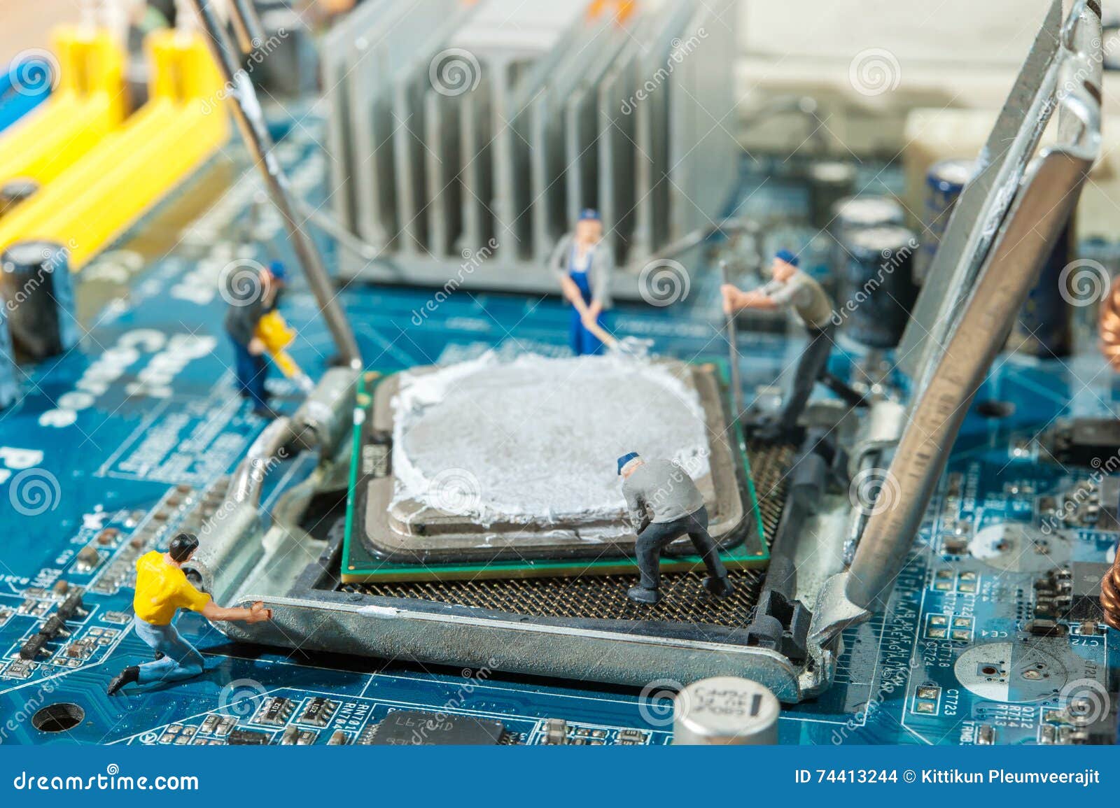 Miniature Workers Installation CPU Stock Photo - Image of little, board ...
