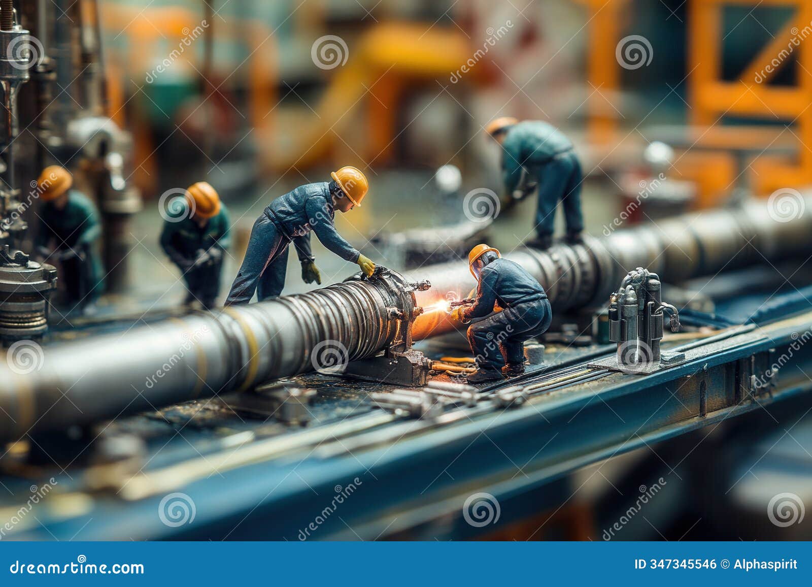 Miniature Workers Performing Maintenance on Industrial Pipeline Stock ...