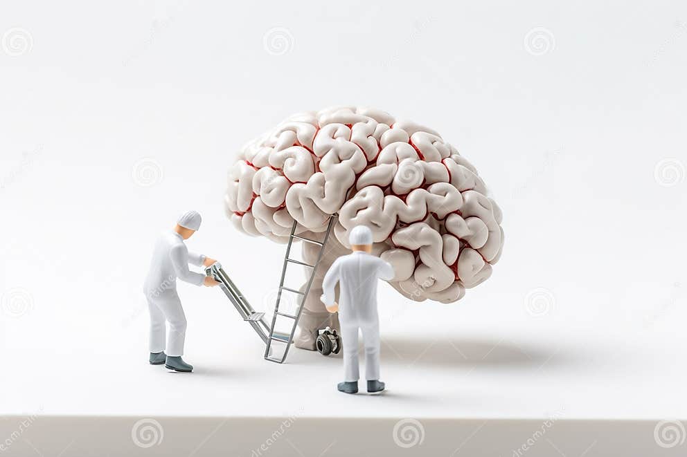 Miniature Workers Working on Brain Model. Generative AI Stock ...