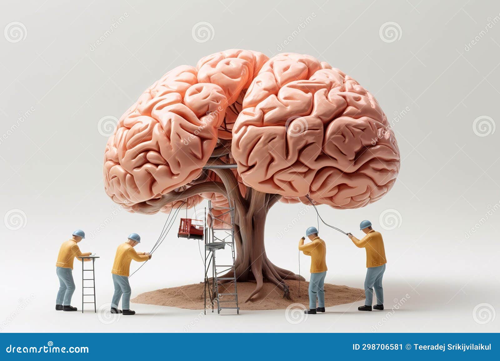 Miniature Workers Working on Brain Model. Generative AI Stock ...