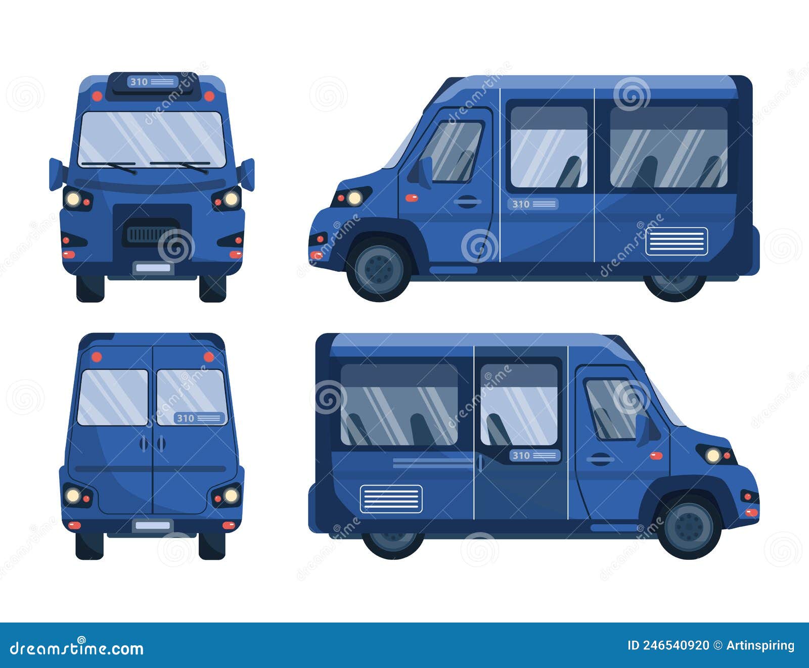 Minibus, Front, Back and Side View Set. Modern City Transport, Minivan ...