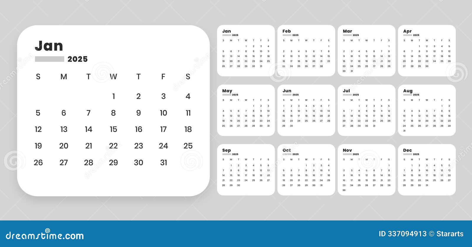 Minimal 2025 Annual English Calendar Template Printable Design Stock ...