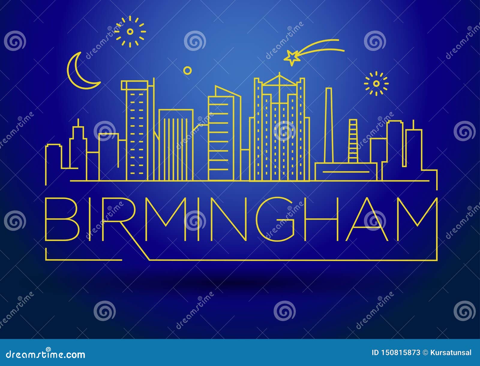 Minimal Birmingham Linear City Skyline With Typographic Design Cartoon ...