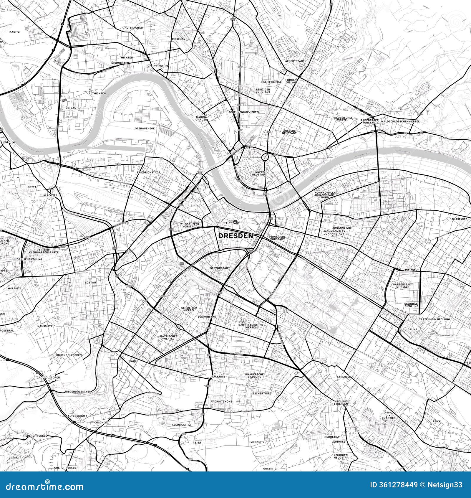 Minimal Black and White Map of Dresden with Street Names Stock ...