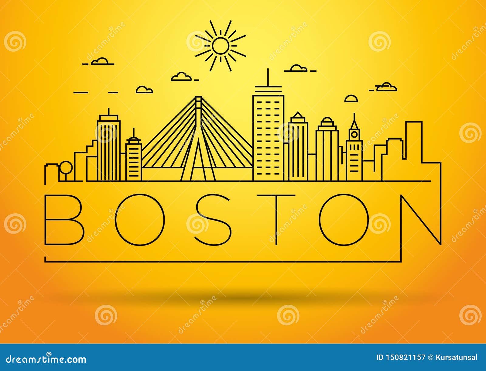 Minimal Boston City Linear Skyline with Typographic Design Stock Vector ...