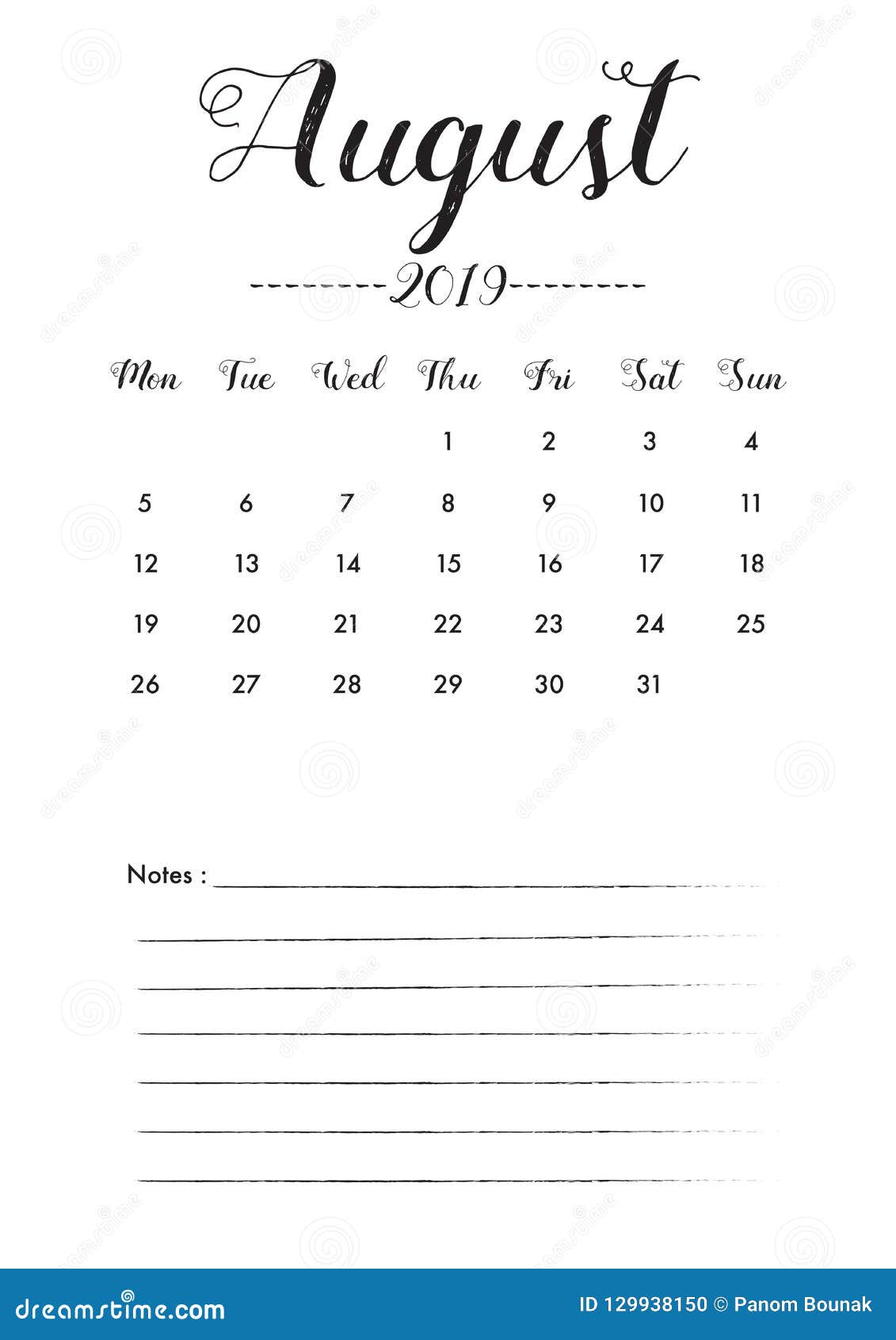 Minimal Calendar Design for August of 2019 with Notes Space Stock ...