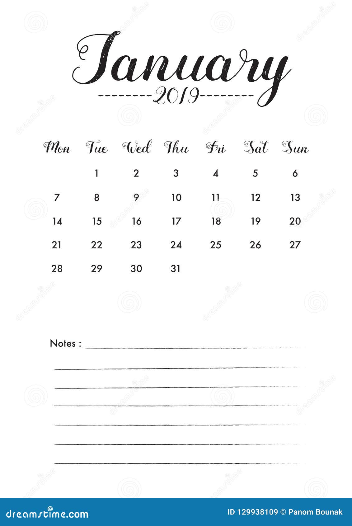Minimal Calendar Design for January of 2019 with Notes Space Stock ...