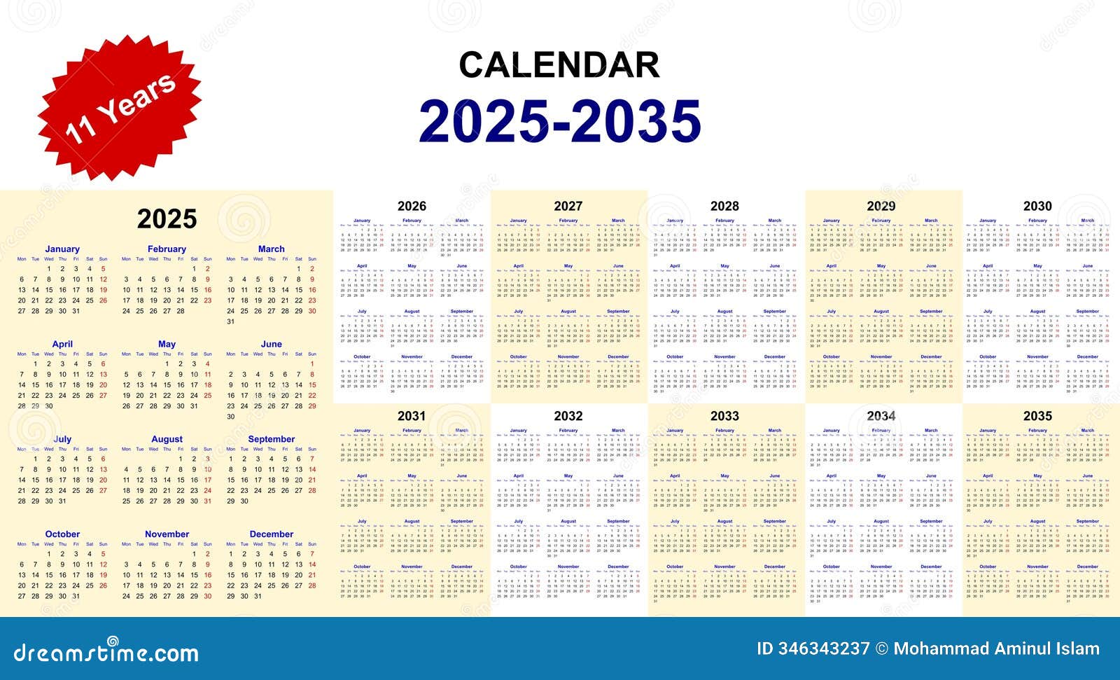 2035 Calendar Template With Weeks Start On Monday Stock Photo ...
