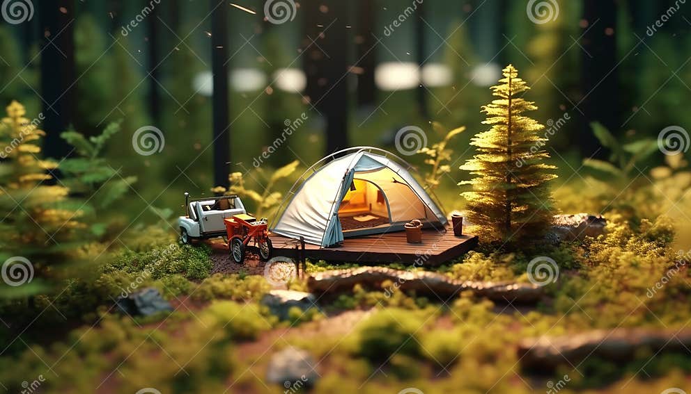 Minimal Camping in Nature. Realistic Miniature Concept Created with AI ...