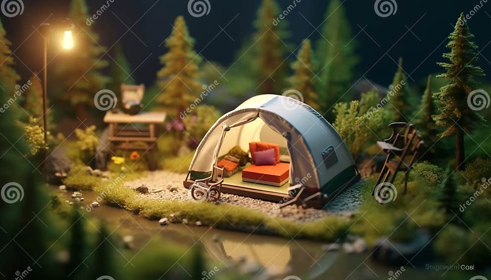 Minimal Camping in Nature. Realistic Miniature Concept Created with AI ...
