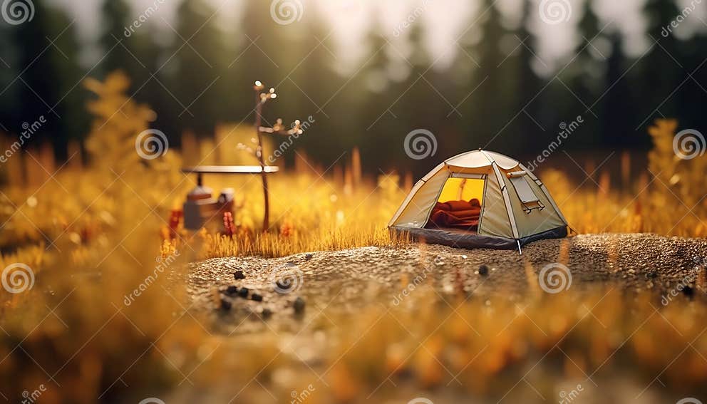 Minimal Camping in Nature. Realistic Miniature Concept Created with AI ...
