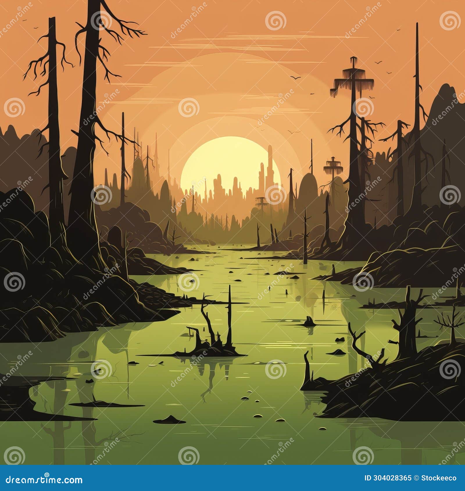 Minimal Cartoon Swamp: Post-apocalyptic Landscape with Psychedelic ...