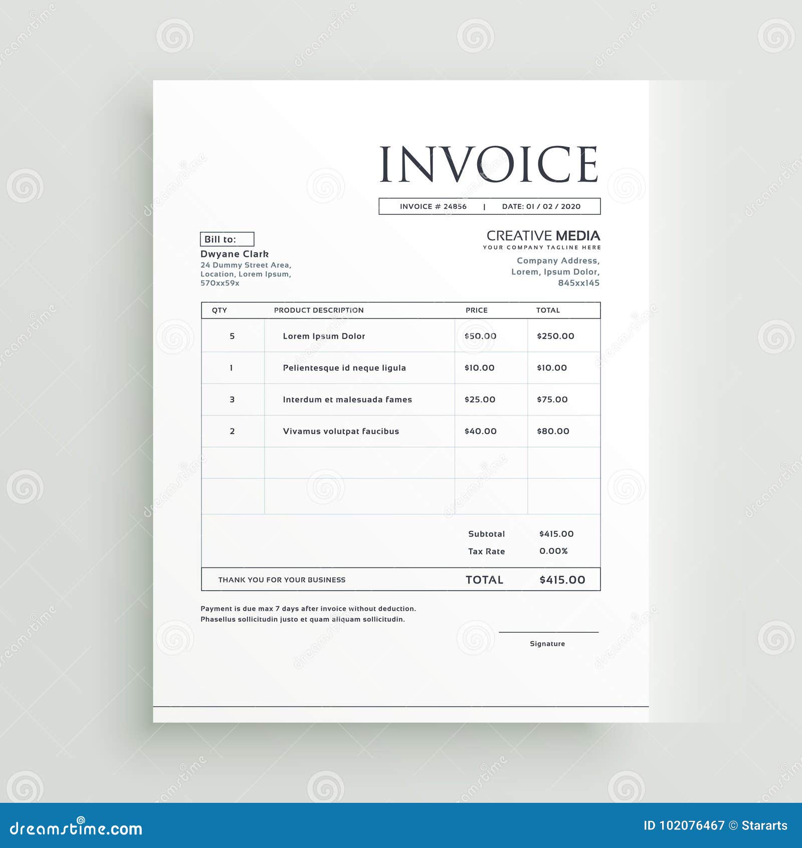 Minimal Clean Invoice Form Template Design Stock Vector - Illustration ...