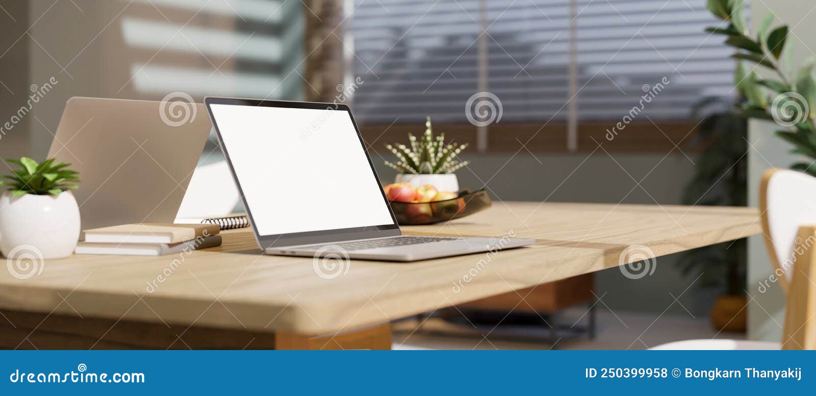 Minimal Co-working Space with Wood Working Table, Notebook Laptop and ...