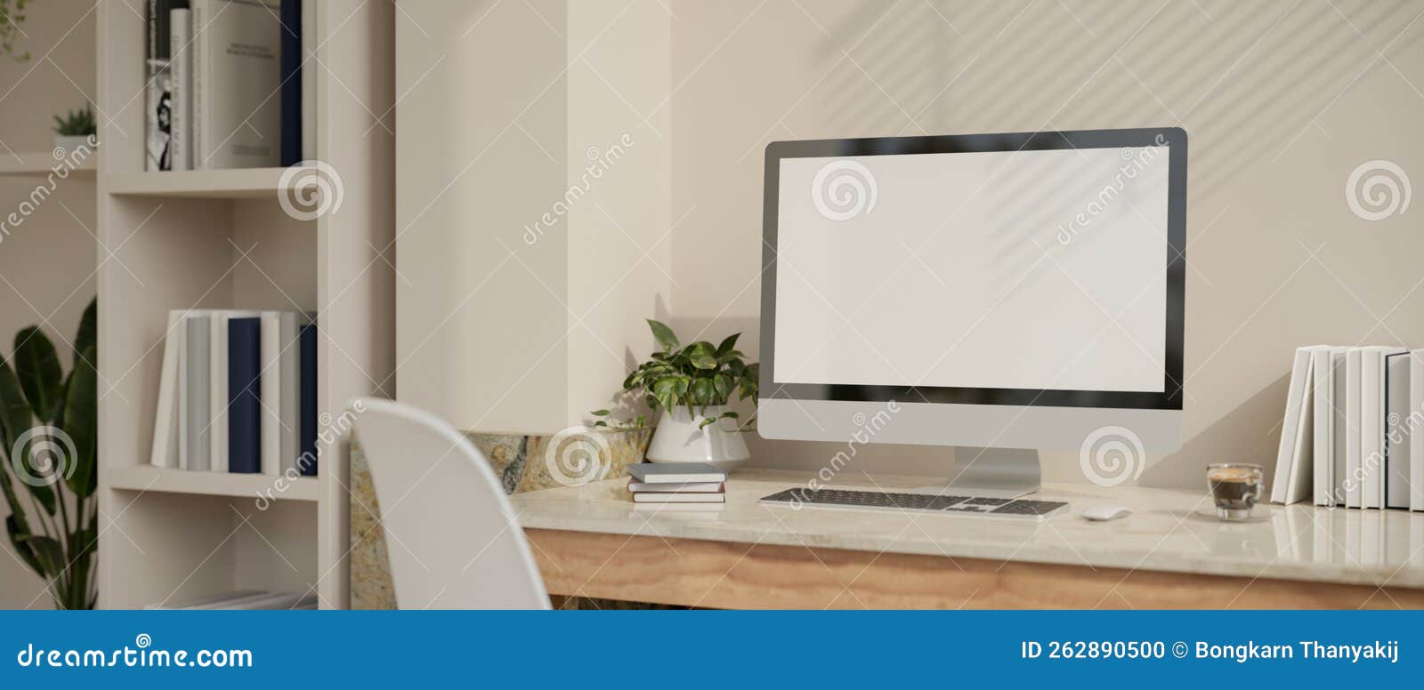 Minimal and Comfortable Home Workstation with Computer Mockup on White Marble Table Stock ...
