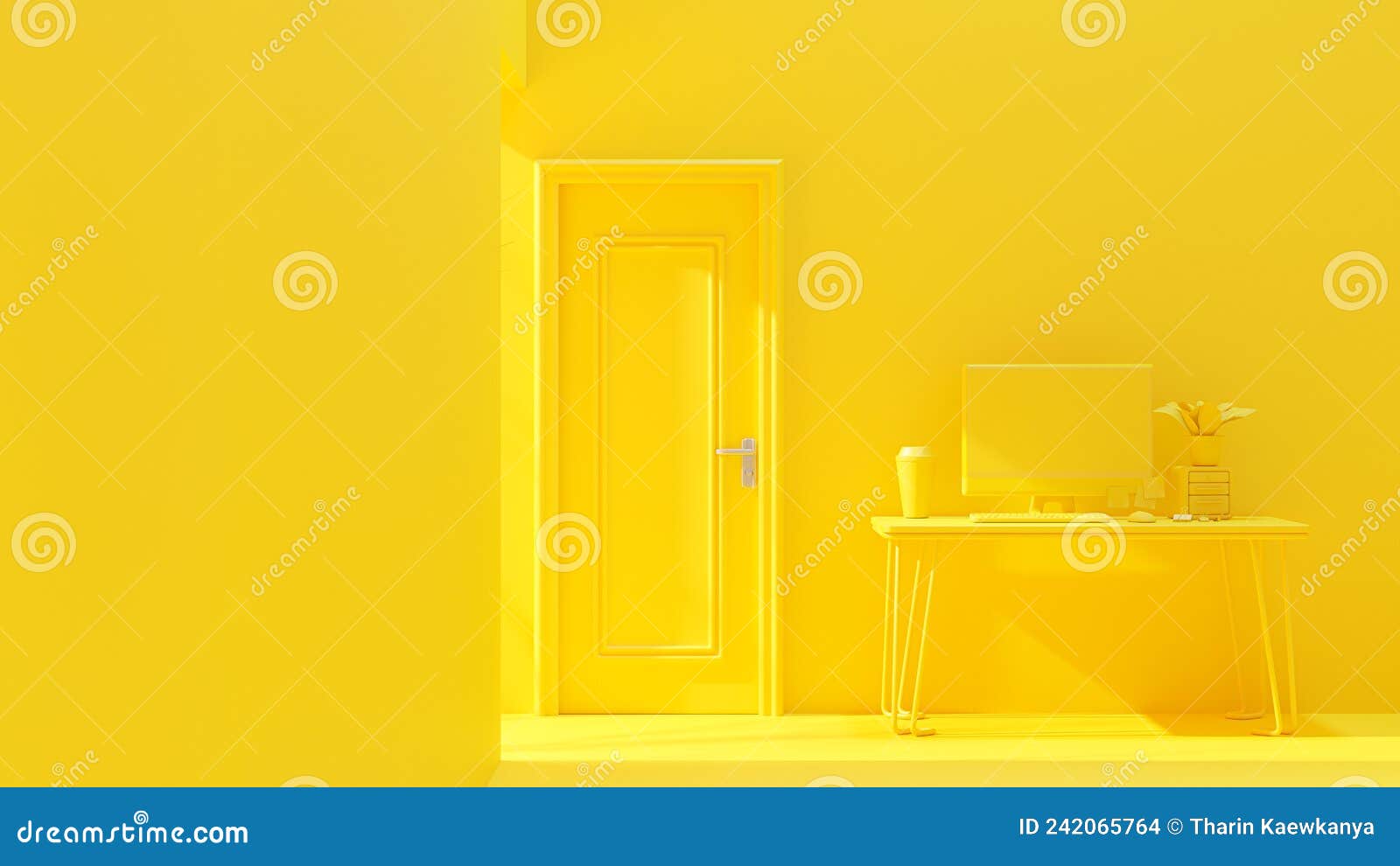 Minimal Concept, Computer on Table Work Desk Yellow Color beside the ...