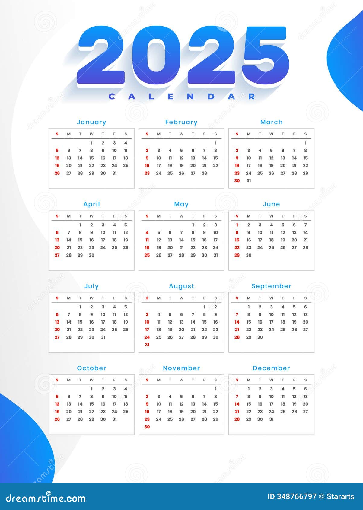 Minimal 2025 Desk Calendar Layout in White Blue Stock Illustration ...