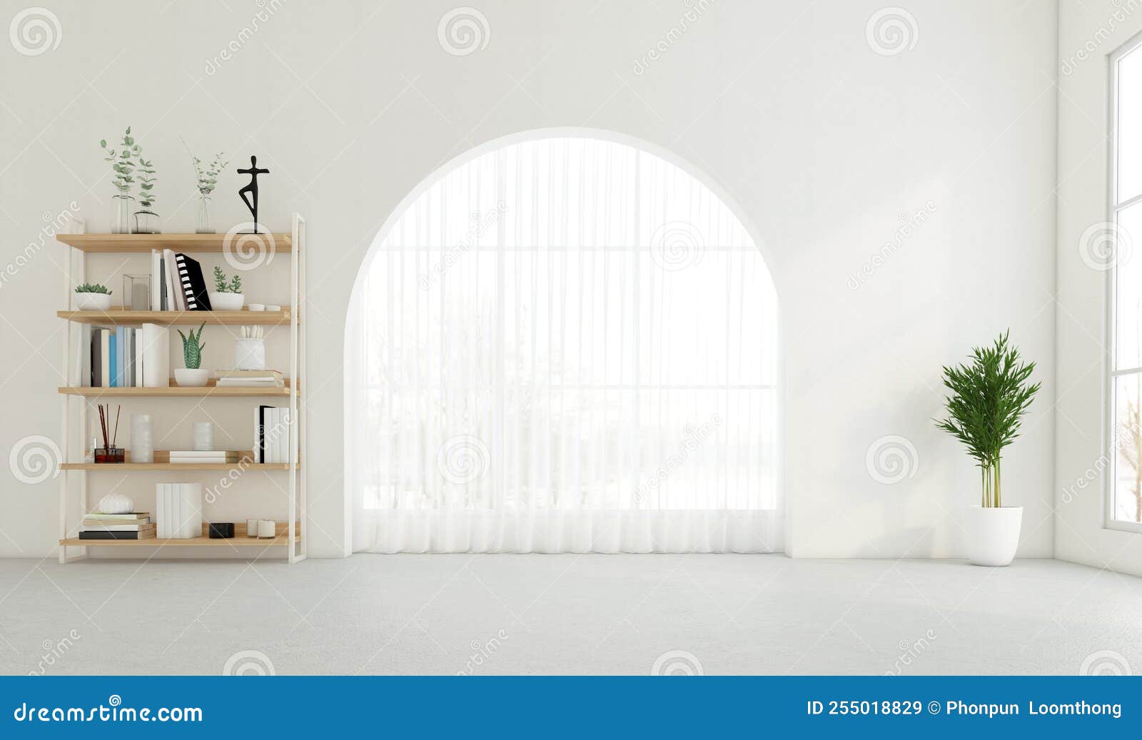 Minimal Empty Room with Arched Window and White Wall, Bookshelf. 3D ...