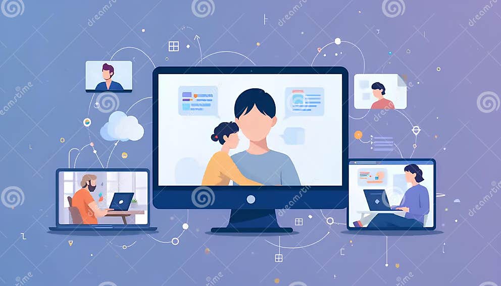 Minimal Flat Design of Remote Teamwork, People Working Together ...