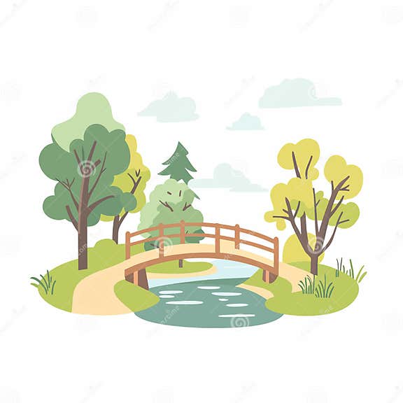 Minimal Flat a Tranquil Landscape with a Bridge Over a River. Flat ...