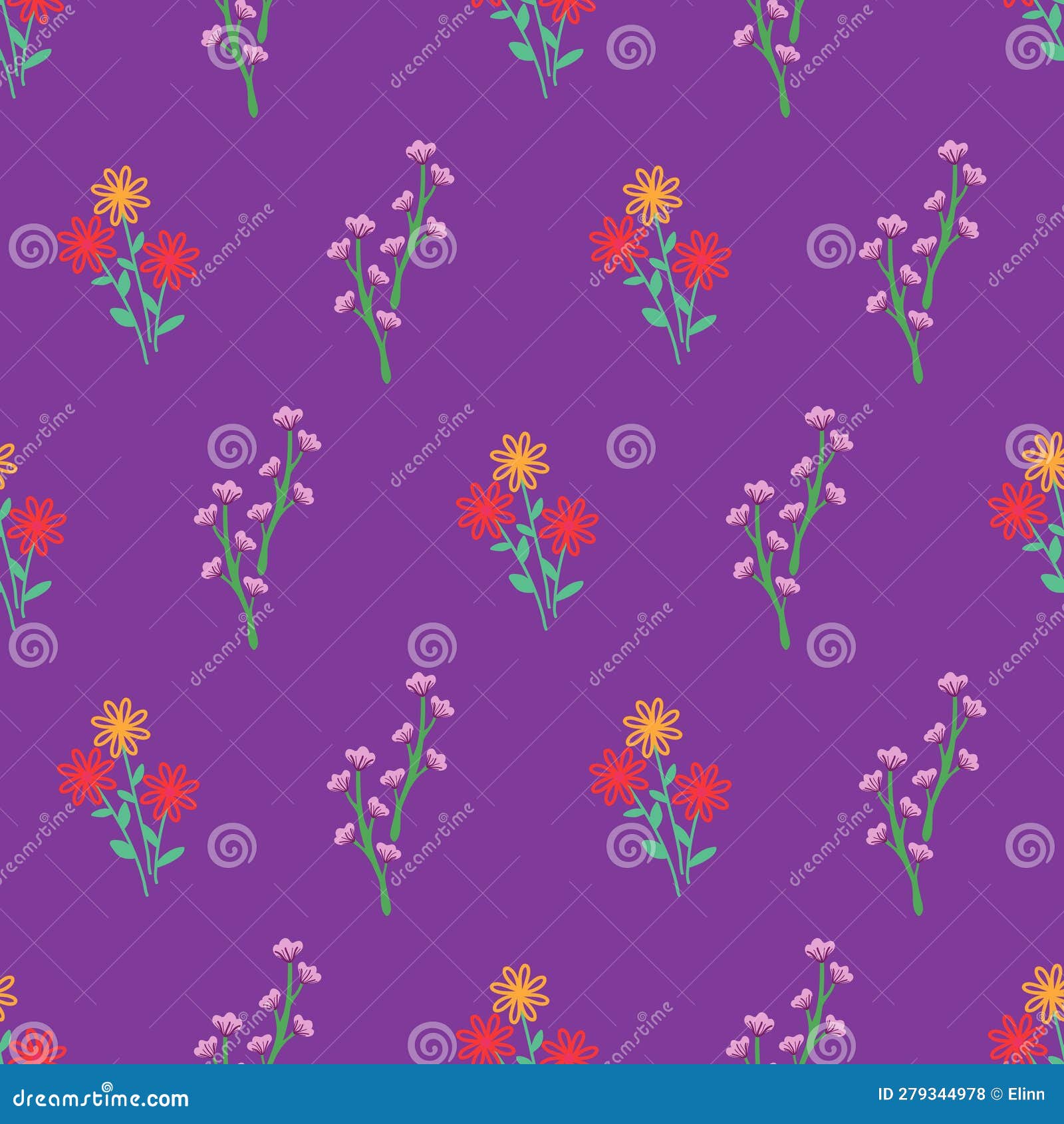 Minimal Flowers Repeat Pattern Illustration, Purple Background Stock ...