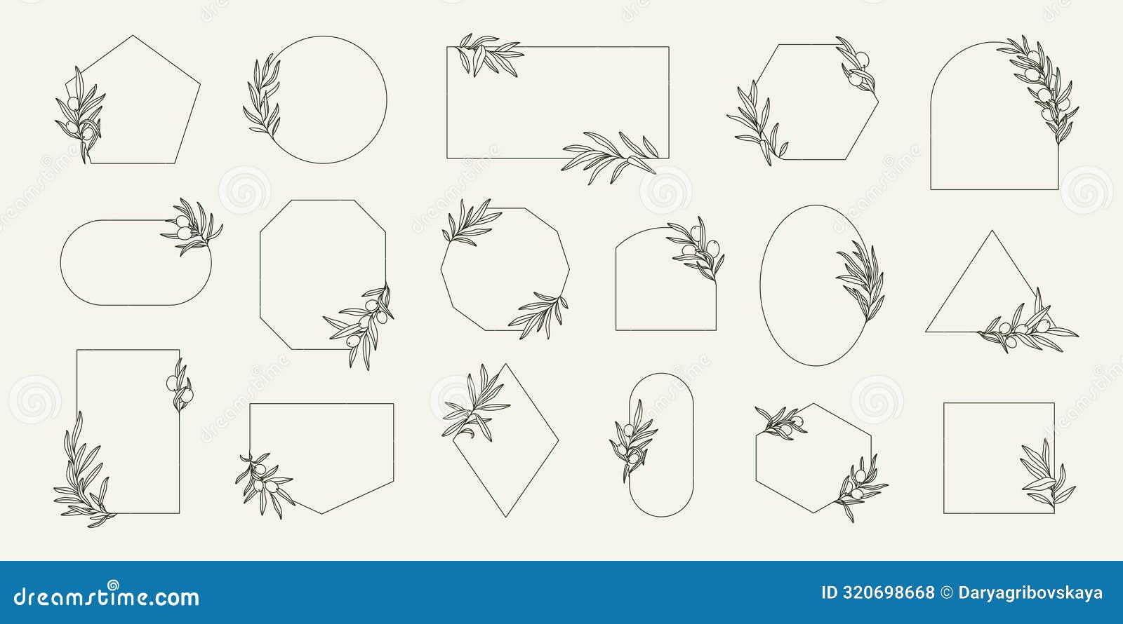 Minimal Frames Set With Olive Branches In Minimal Linear Style. Vector ...