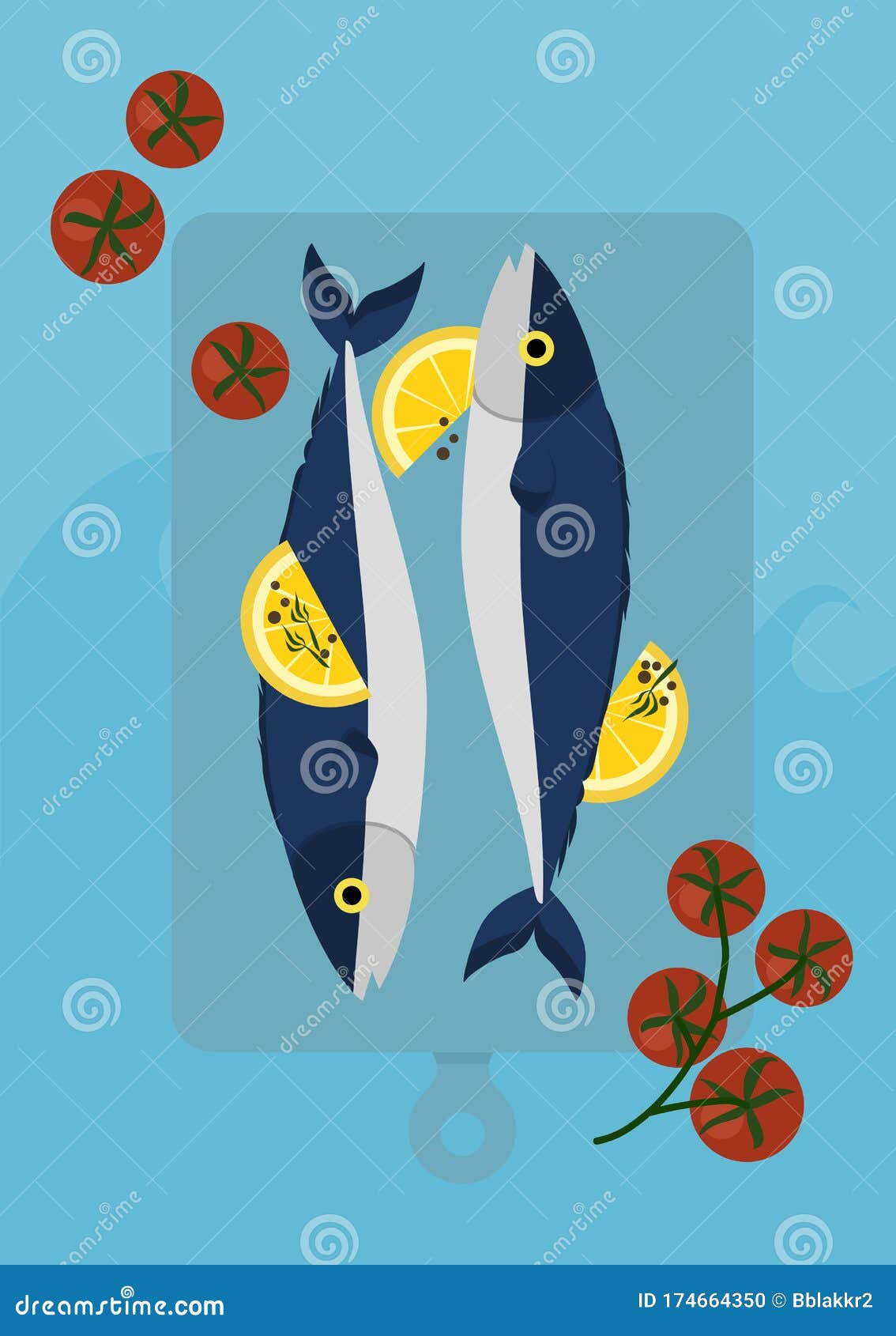 Minimal Fresh Japanese Saba Fish with Lemon and Tomato on Pastel Blue ...