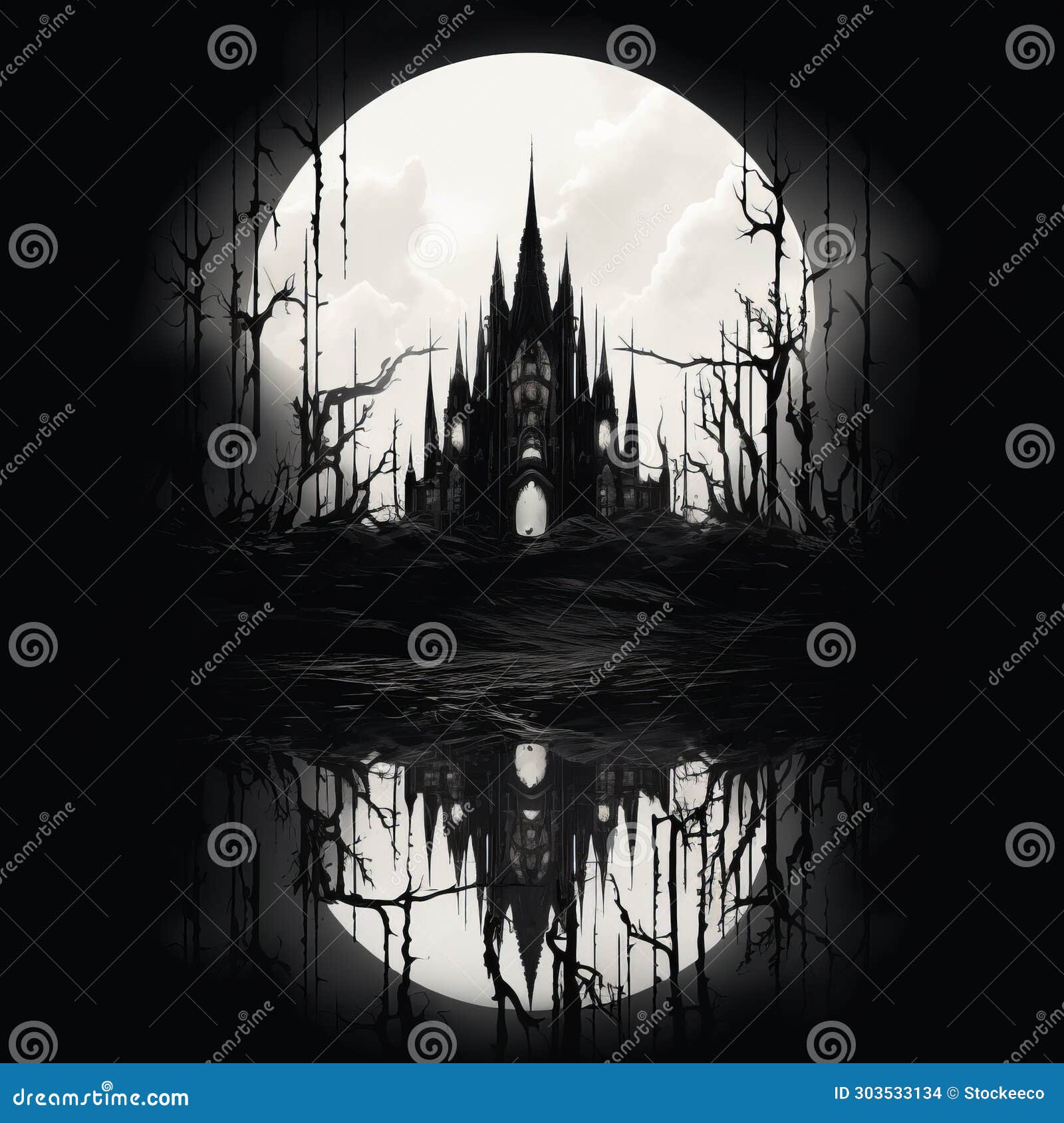 Minimal Gothic Art: Moon Castle with Macabre Trees Stock Illustration ...