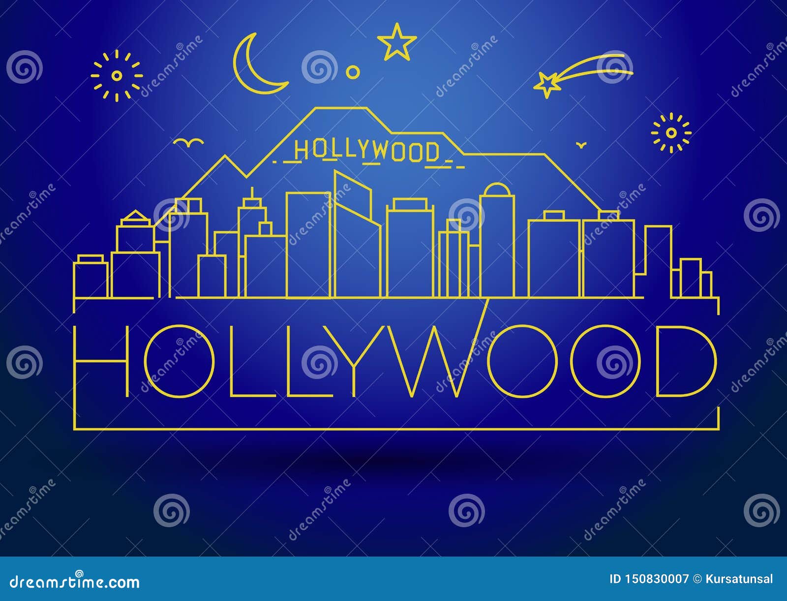 Minimal Hollywood Linear Skyline with Typographic Design Stock Vector ...
