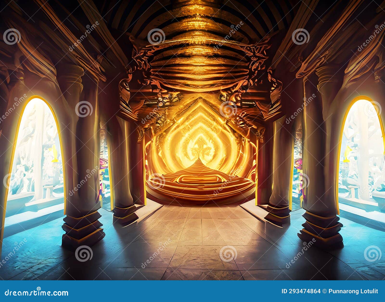 Minimal Inside Empty Thai Temple, Light Swirling Lines on Digital Art ...